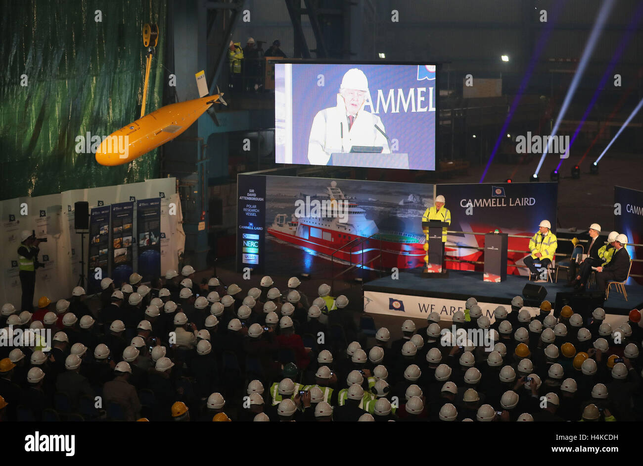 Sir David Attenborough delivers a speech at Cammell Laird in Birkenhead ...