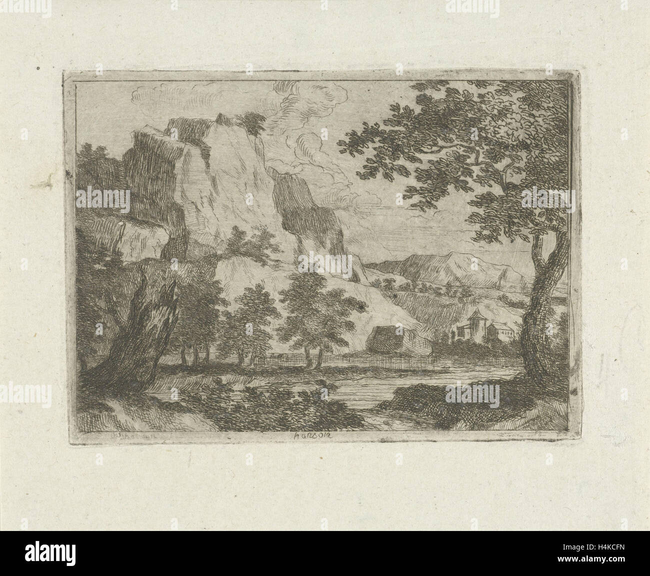 Rock in a river landscape, Jean Joseph Hanson, 1741 - 1799 Stock Photo ...
