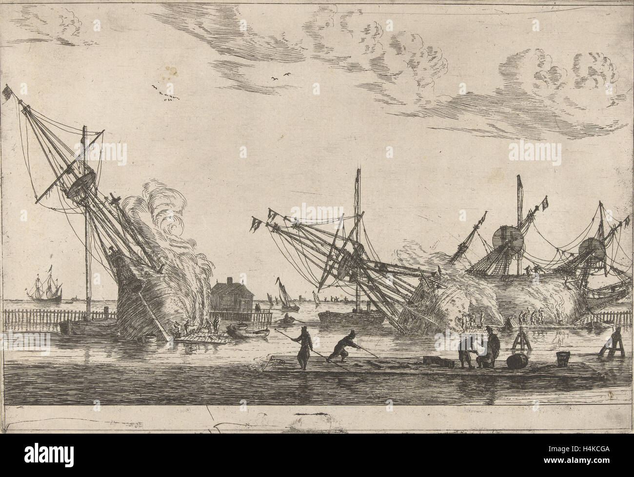 Behind a breakwater are three keeled flute ships, for each ship a ...