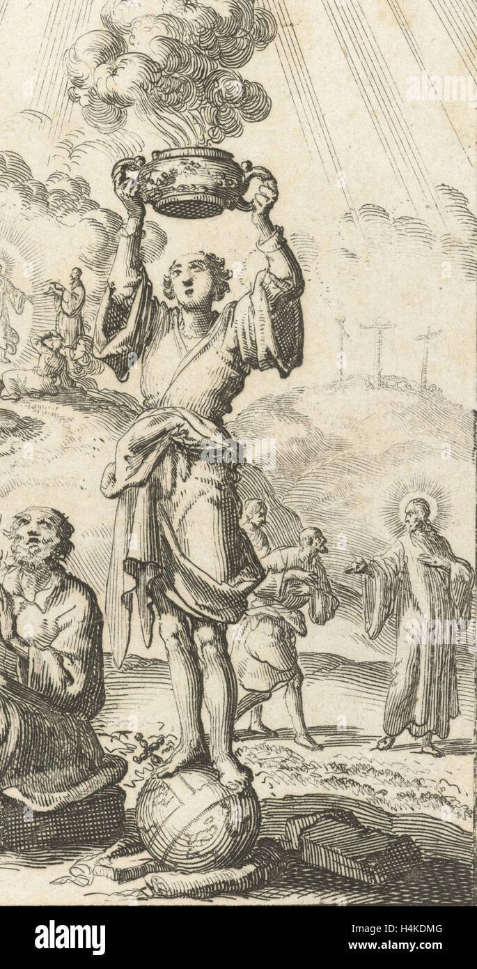 Figure stands on an orb and holds a smoking sacrifice dish in the air ...