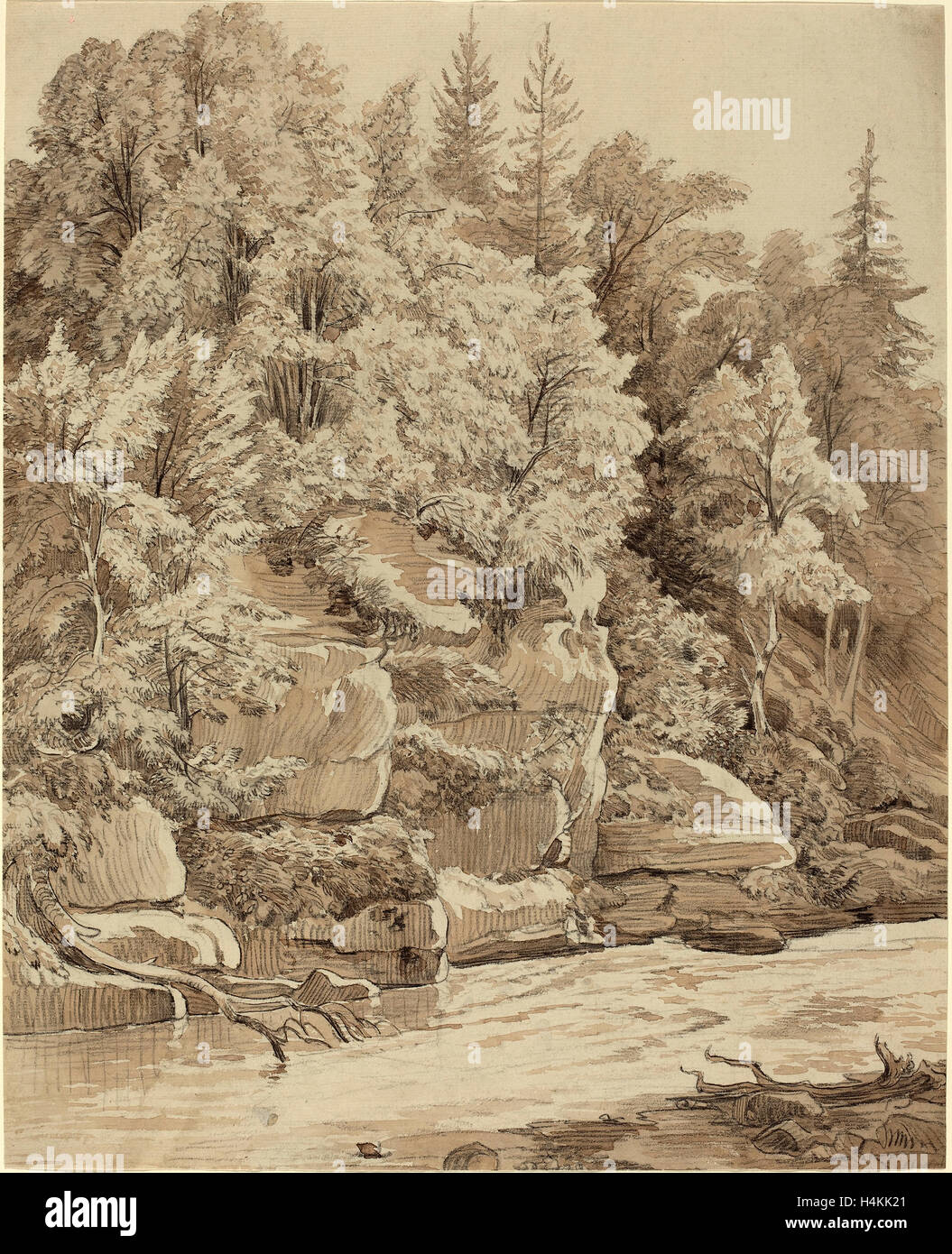 Carl Wagner (German, 1796 - 1867), Wooded Cliffs along a Stream, 1840s ...
