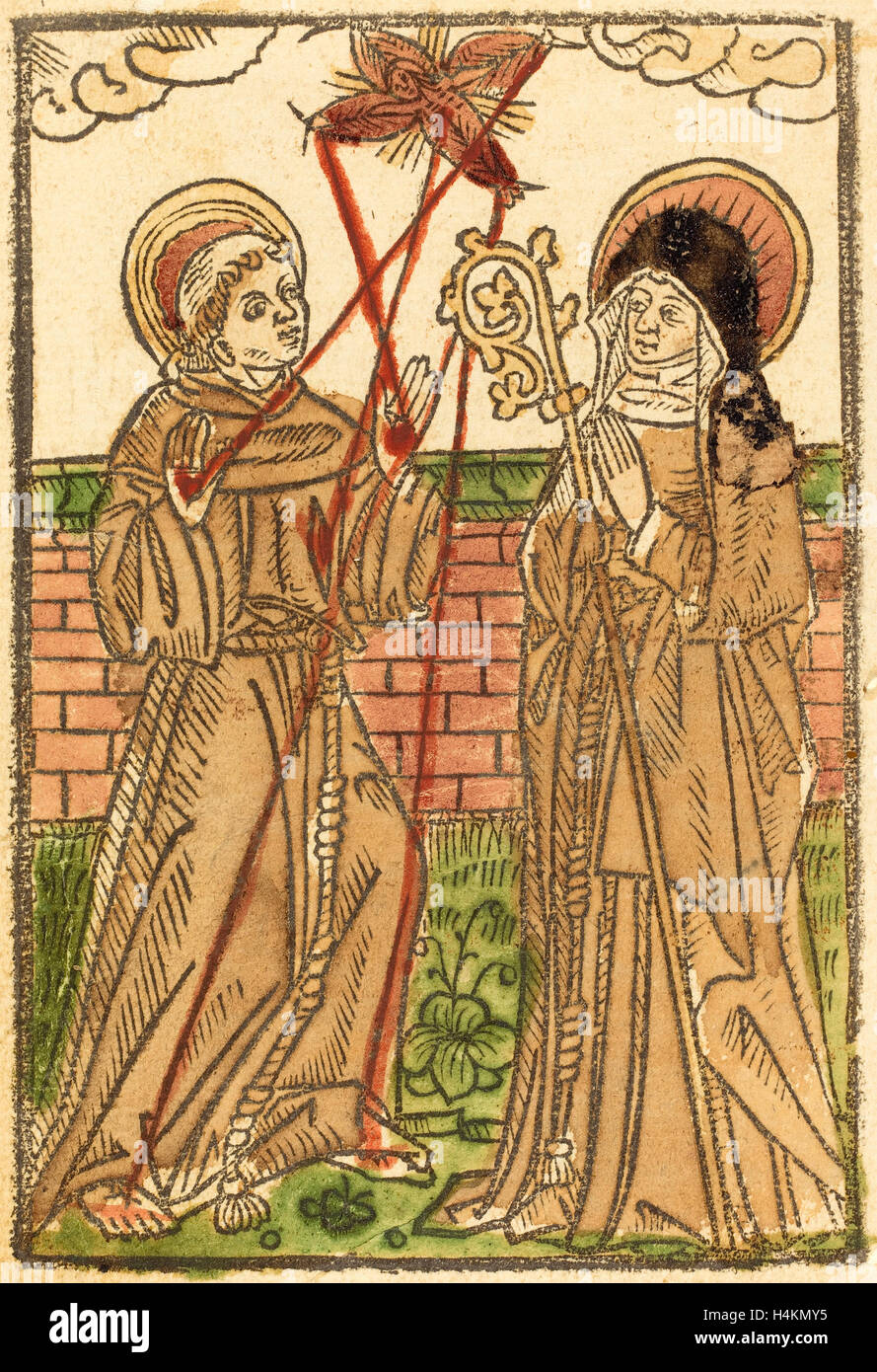 Woodcut hand colored in yellow green black and brown hi-res stock ...