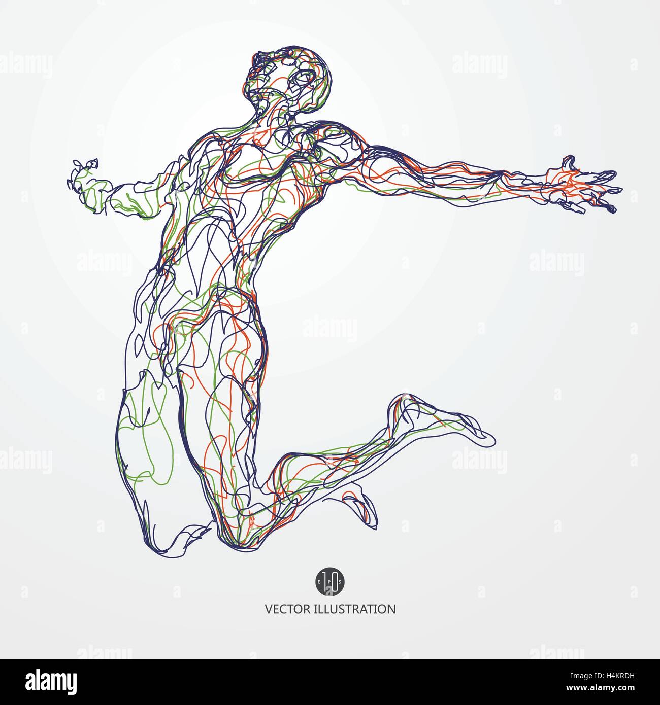 Jumping man, colored lines drawing, vector illustration Stock Vector ...