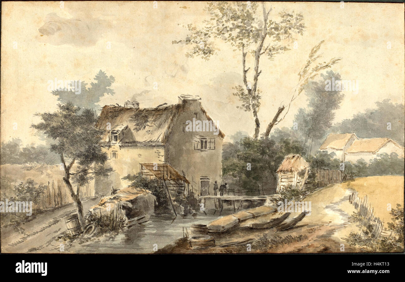 Louis Gabriel Moreau, French (1739-1806), Mill with Bridge and Figures ...