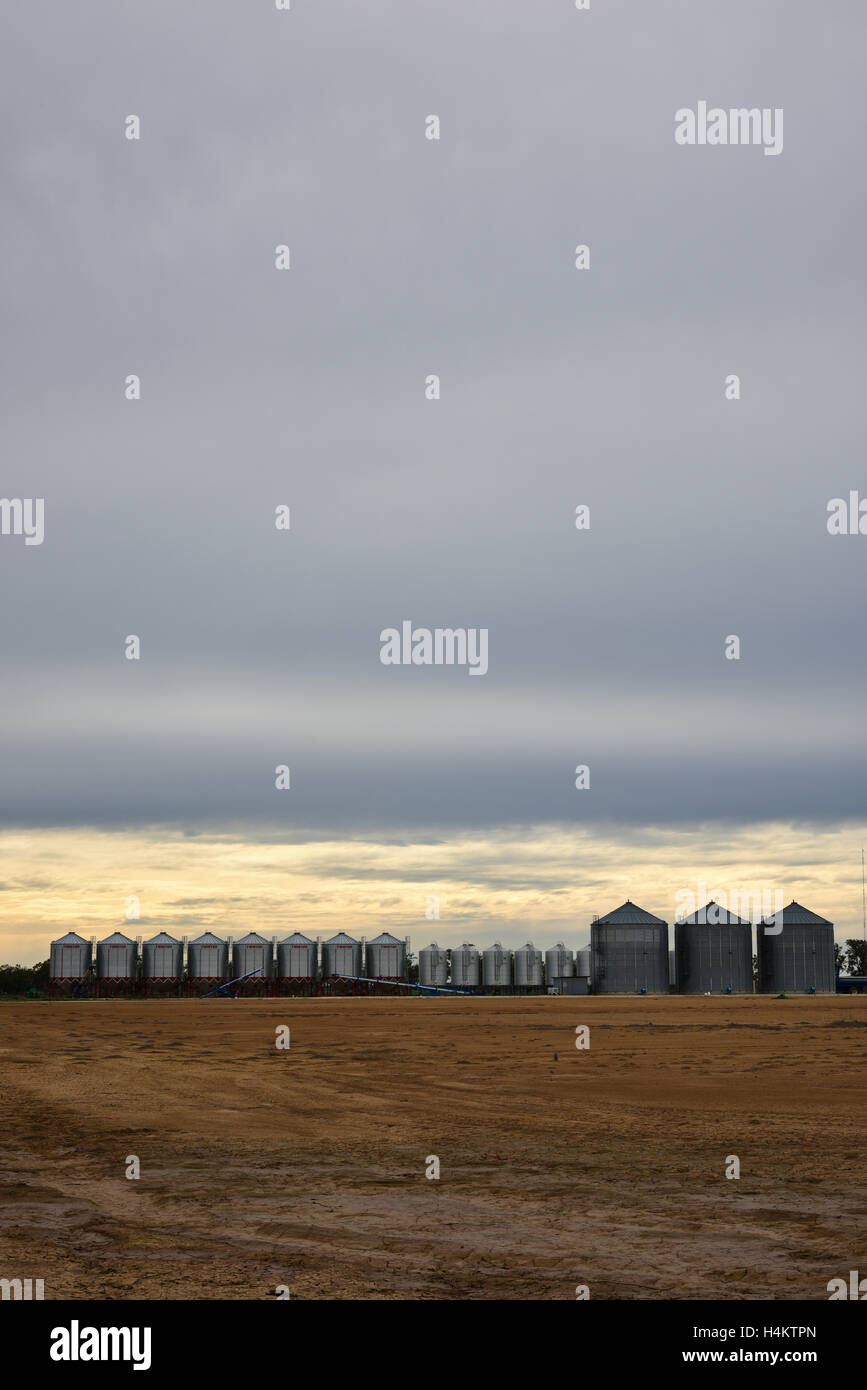 row of grain silos in the distance at Cryon, nsw, australia with dry ...