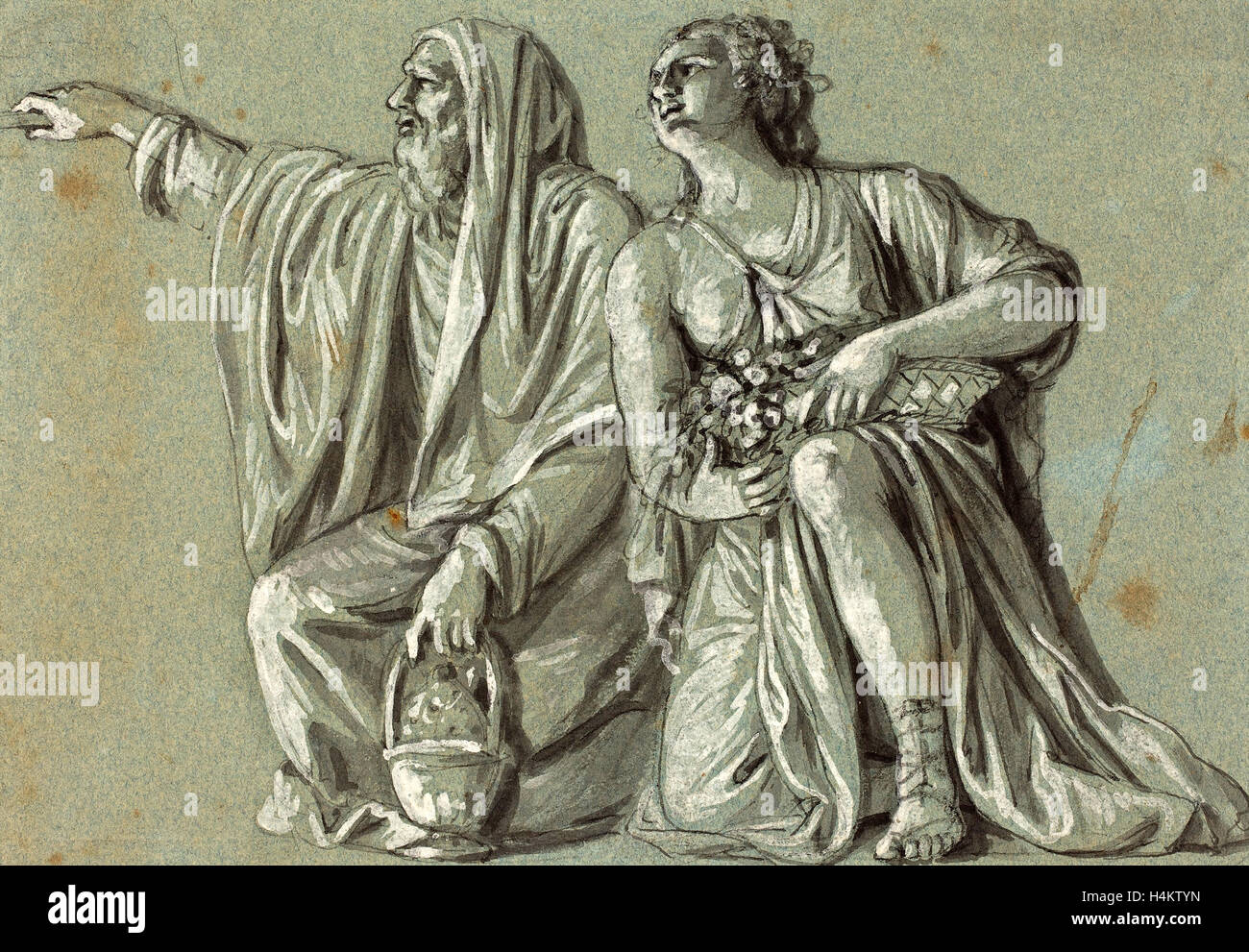 Roman 18th Century, Two Kneeling Figures with Offerings, pen and black ...