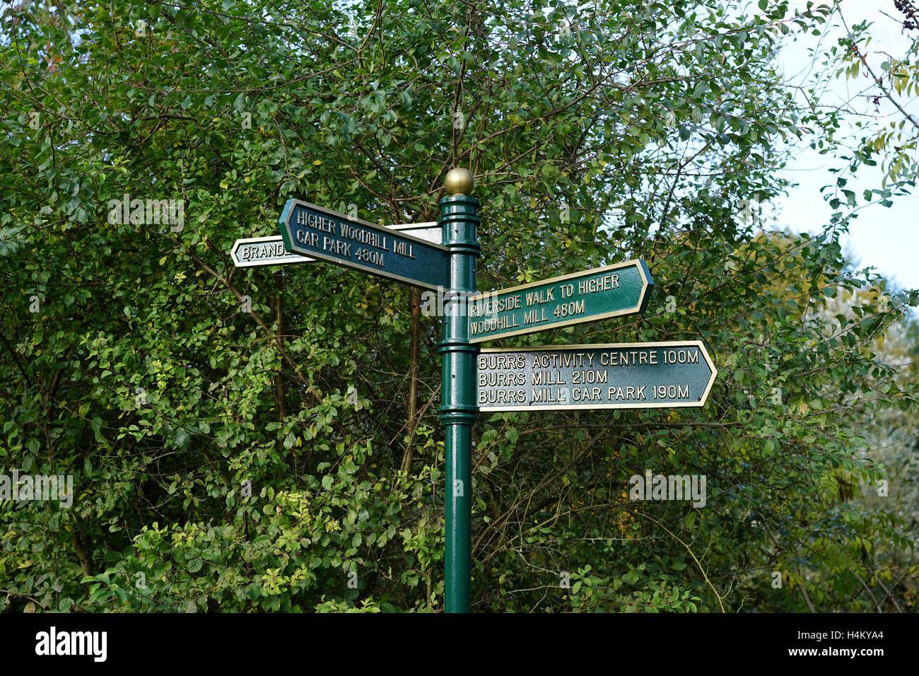 Direction and information signpost at Burrs Country Park, Bury, Greater ...