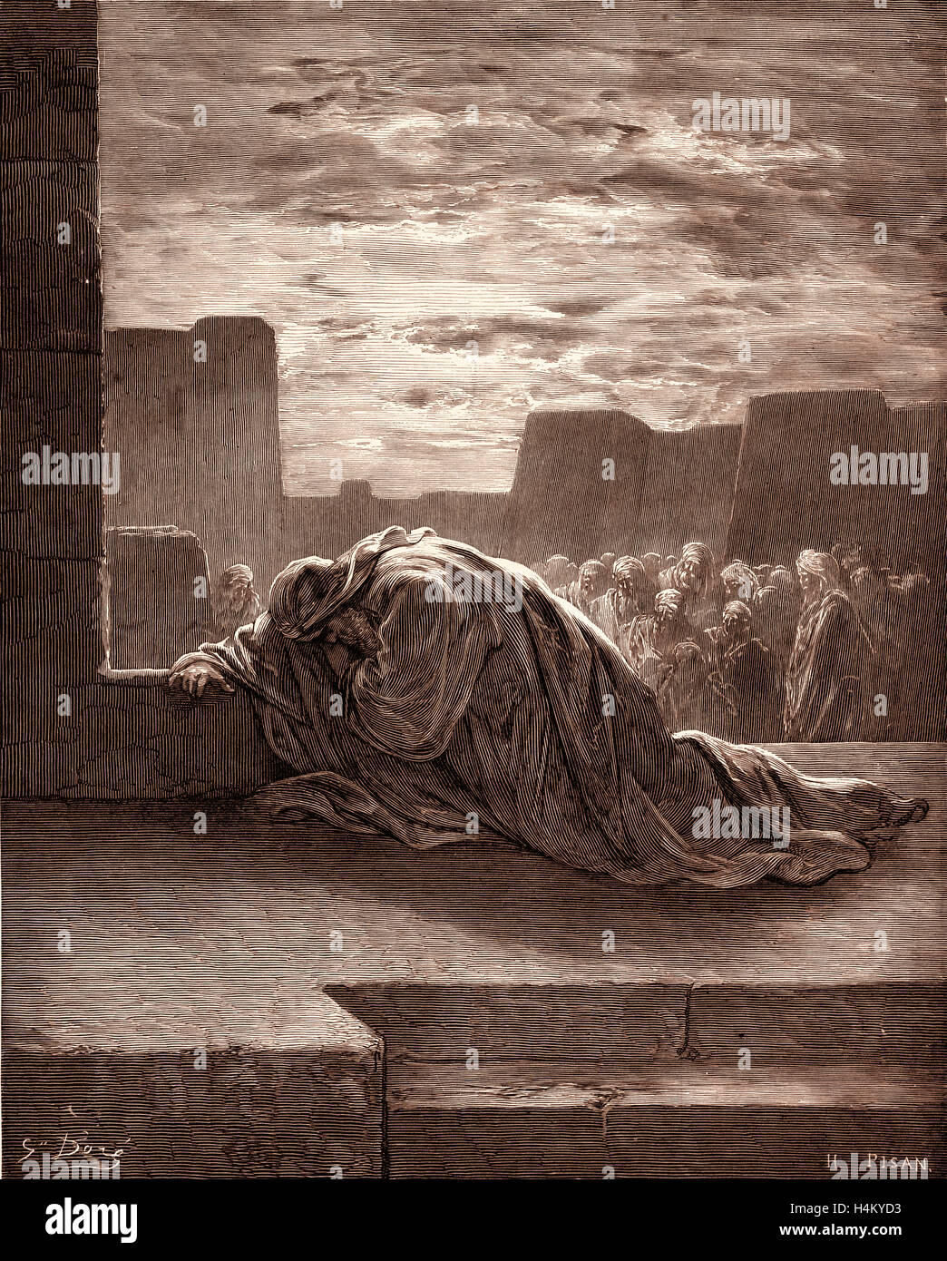 Ezra in Prayer, by Gustave Dore, 1832 - 1883, French. Engraving for the ...