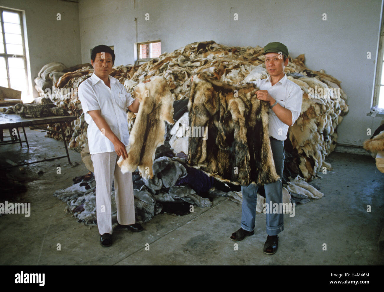 Owners of Harbin Fur Factory, holding coat made out of dog and cat furs ...