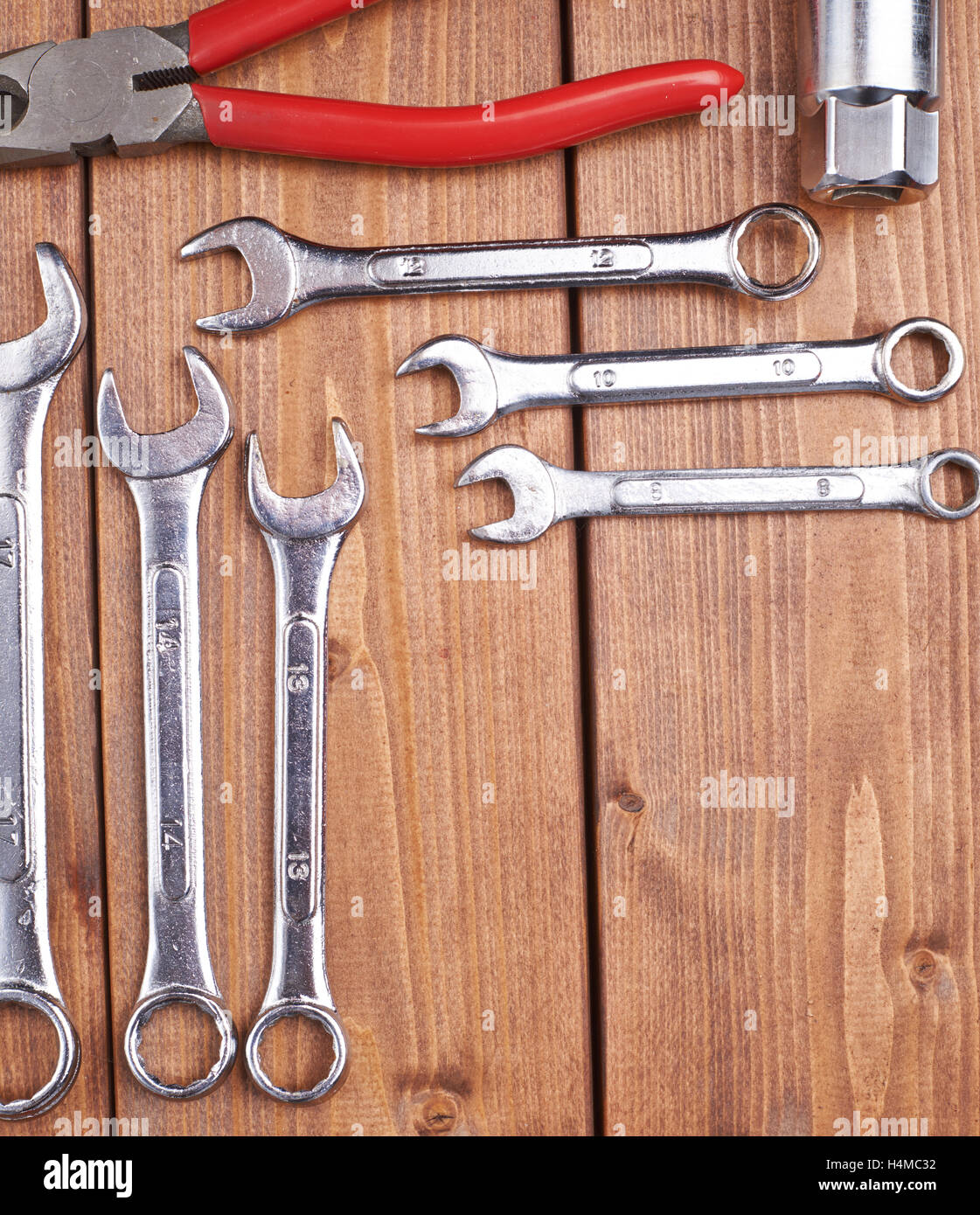 Set of different work tools on wooden surface Stock Photo - Alamy