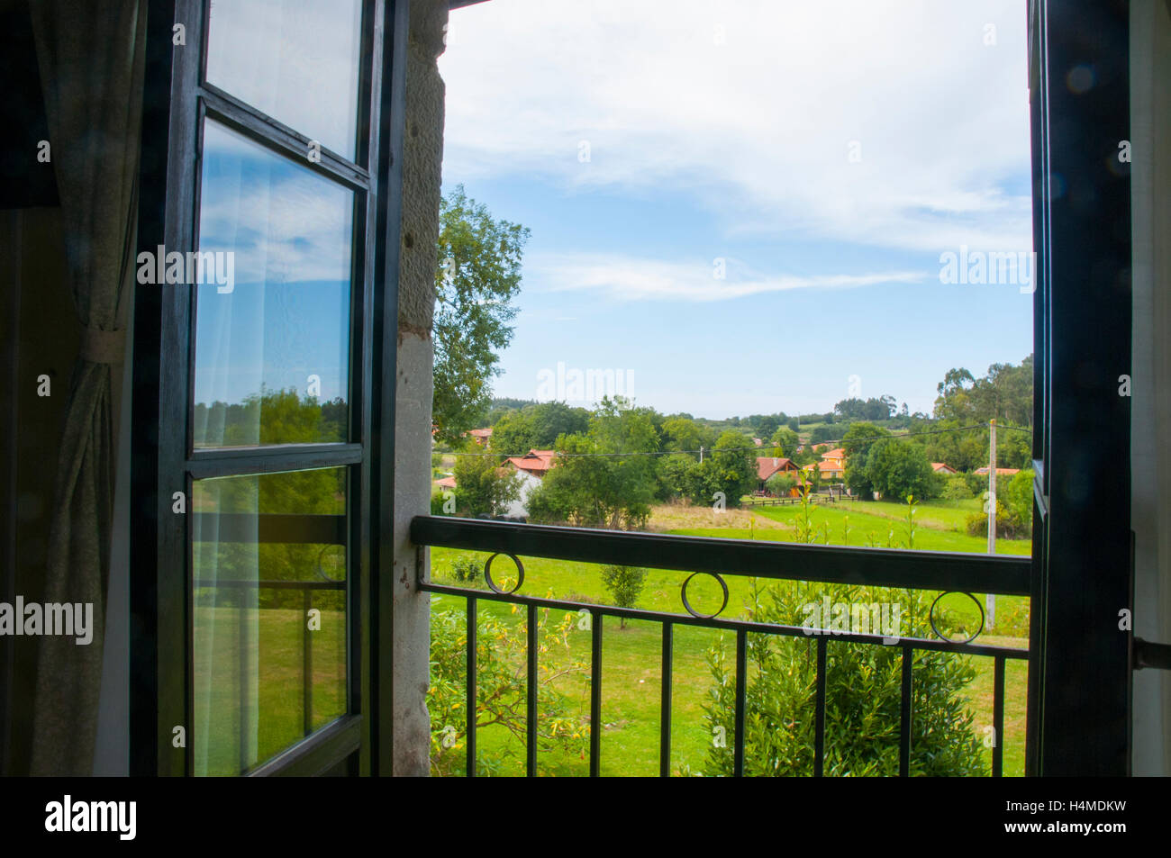 View of the country from a window in a rural hotel. Asturias, Spain ...