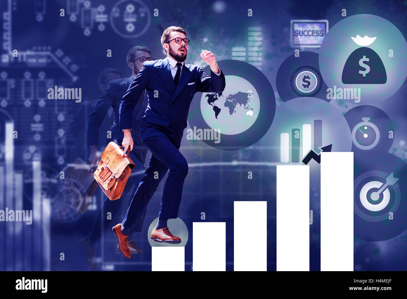 Image of young businessman jumping over steps of a chart or graph ...