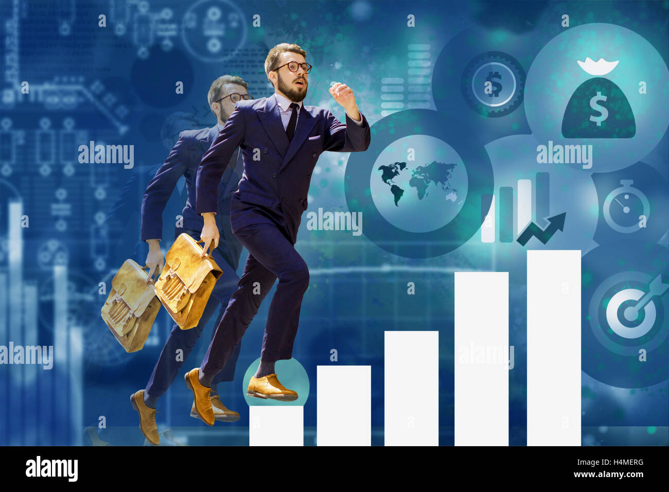Image of young businessman jumping over steps of a chart or graph ...