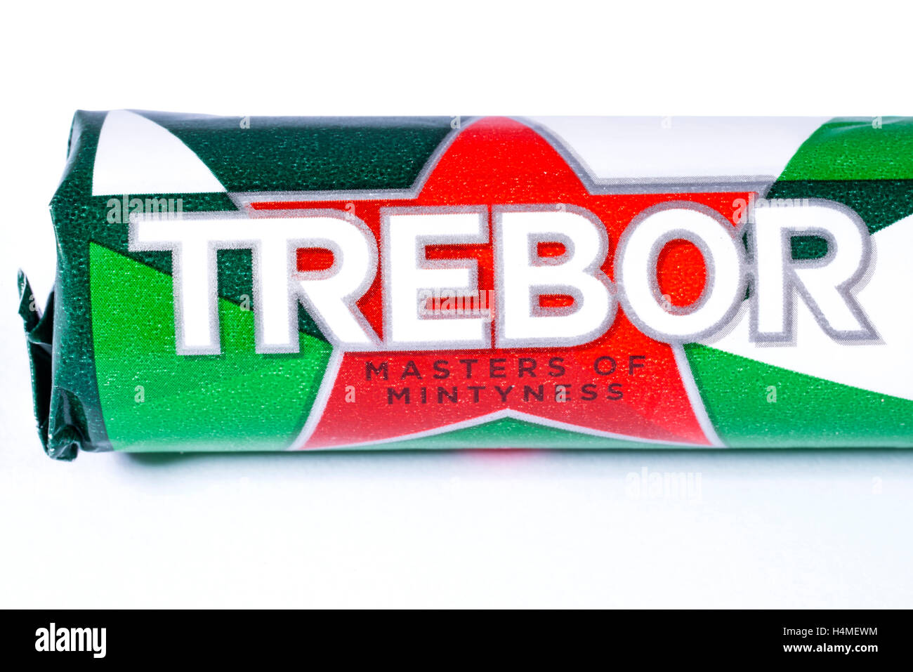 LONDON, UK - OCTOBER 13TH 2016: A close-up of the Trebor brand logo on ...