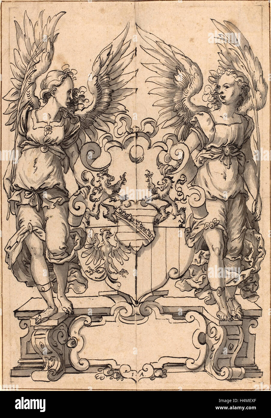 Jost Amman (Swiss, 1539 - 1591), Two Angels Holding a Coat of Arms, pen ...
