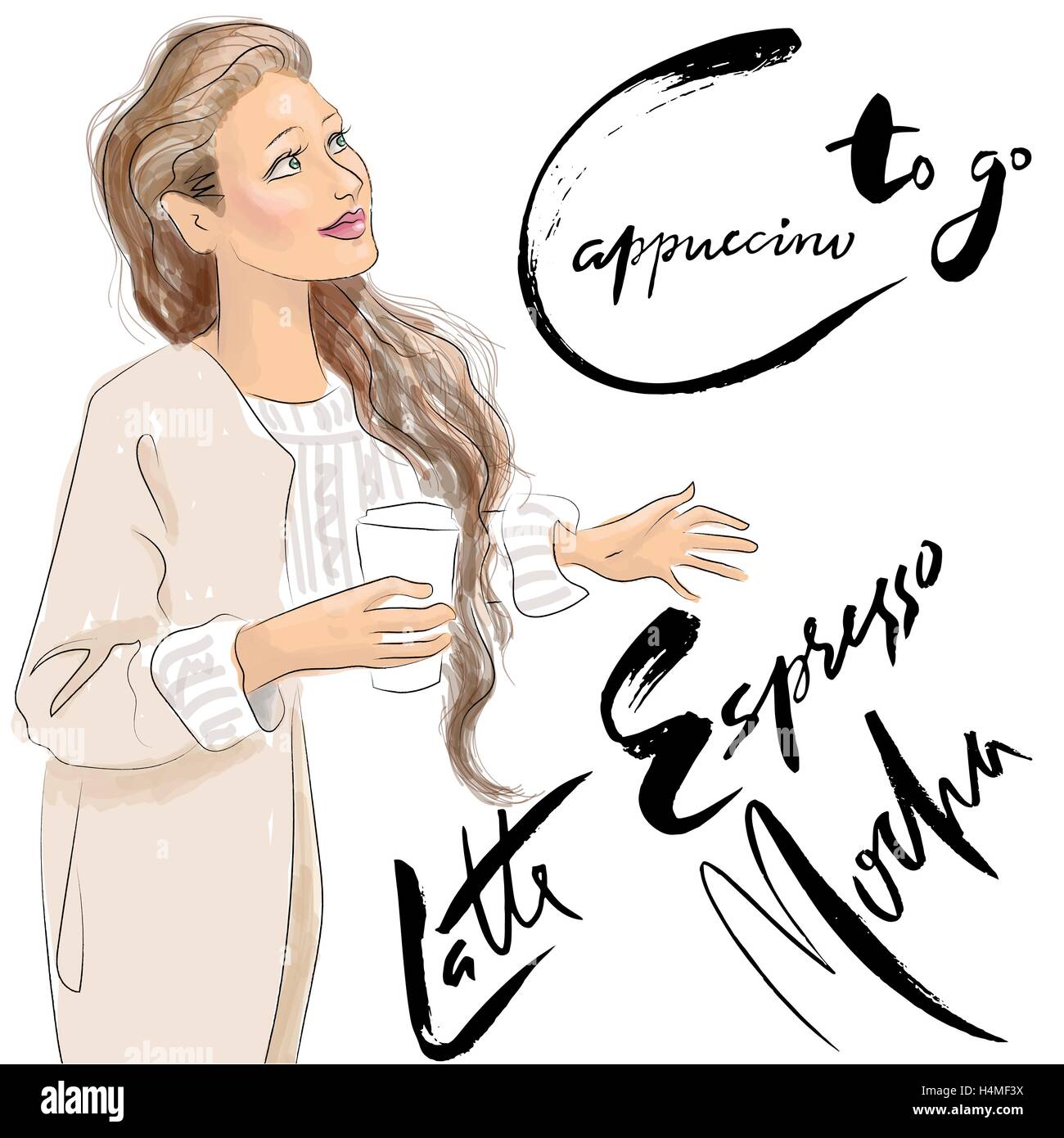Cute vector girl illustration. Woman with mug of coffee. Coffee ...