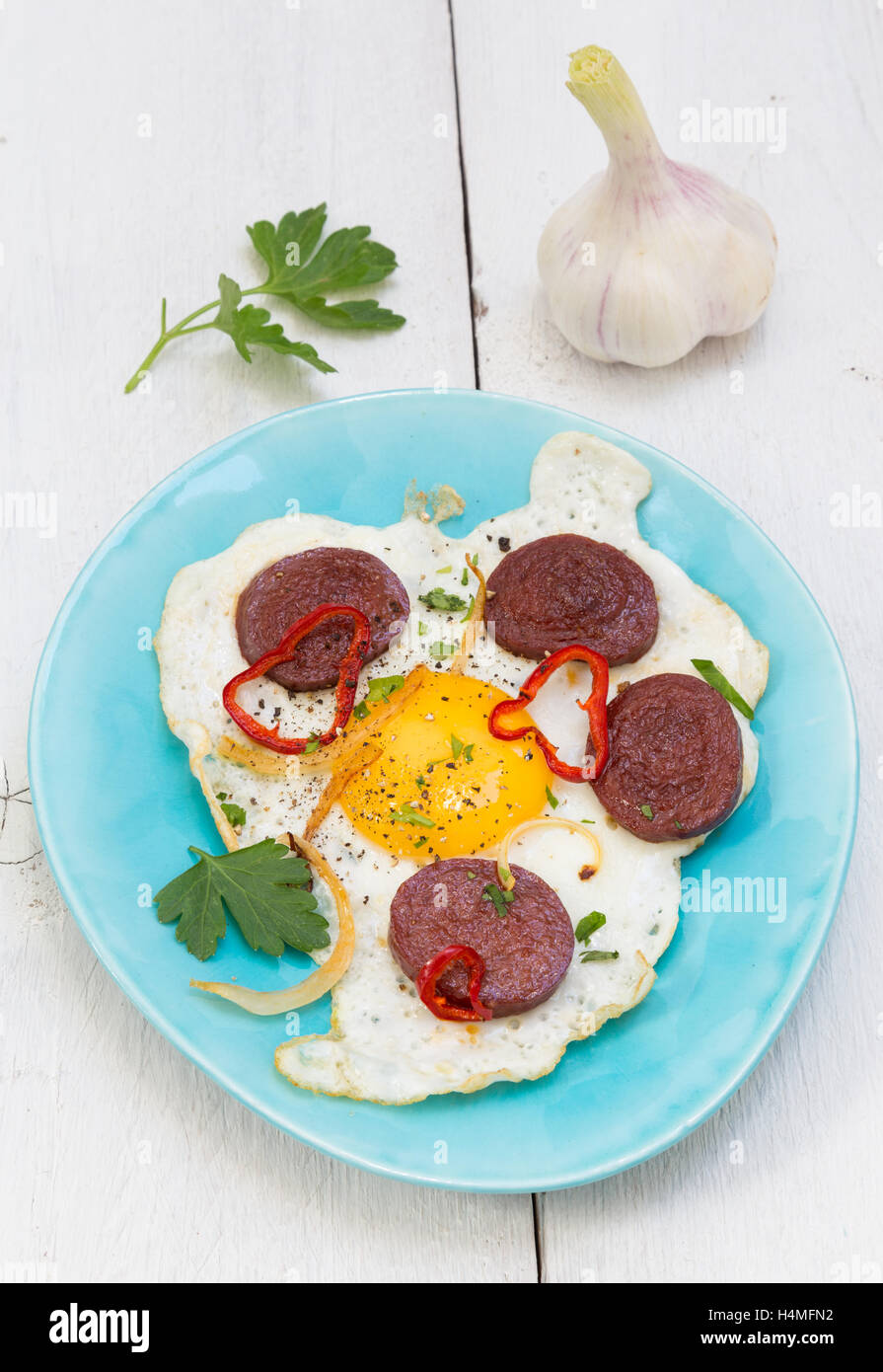 Sucuk turkish garlic sausage with egg Stock Photo - Alamy
