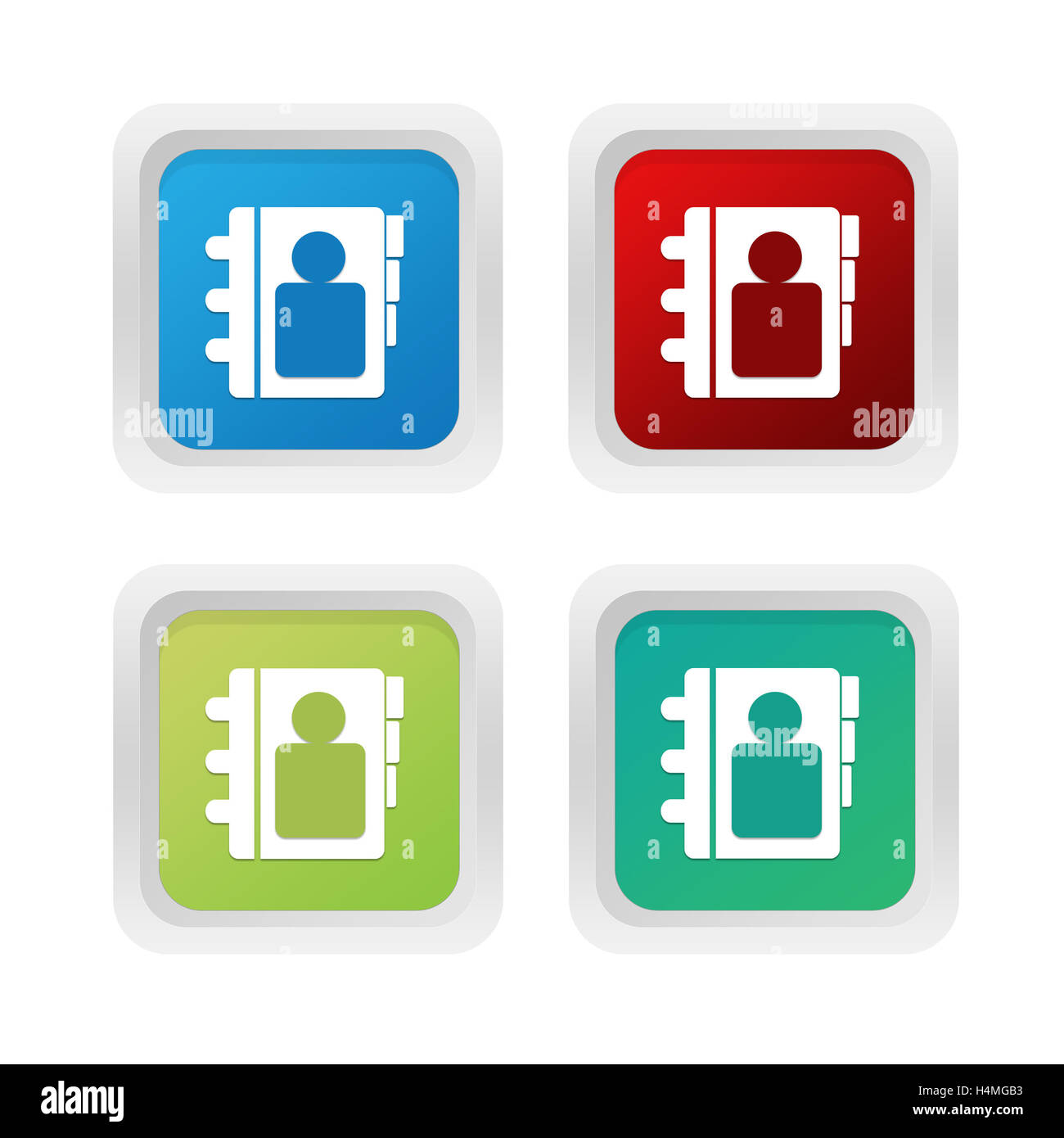 Set of squared colorful buttons with address book symbol in blue, green ...