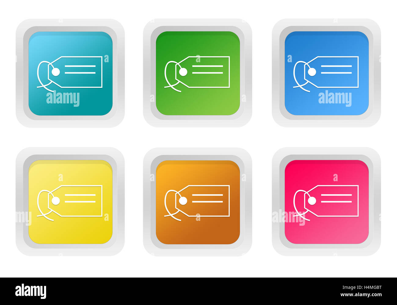 Set of squared colorful buttons with label symbol in blue, green ...