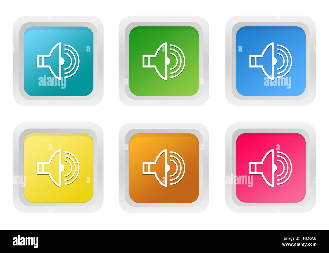 Set of squared colorful buttons with speaker symbol in blue, green ...