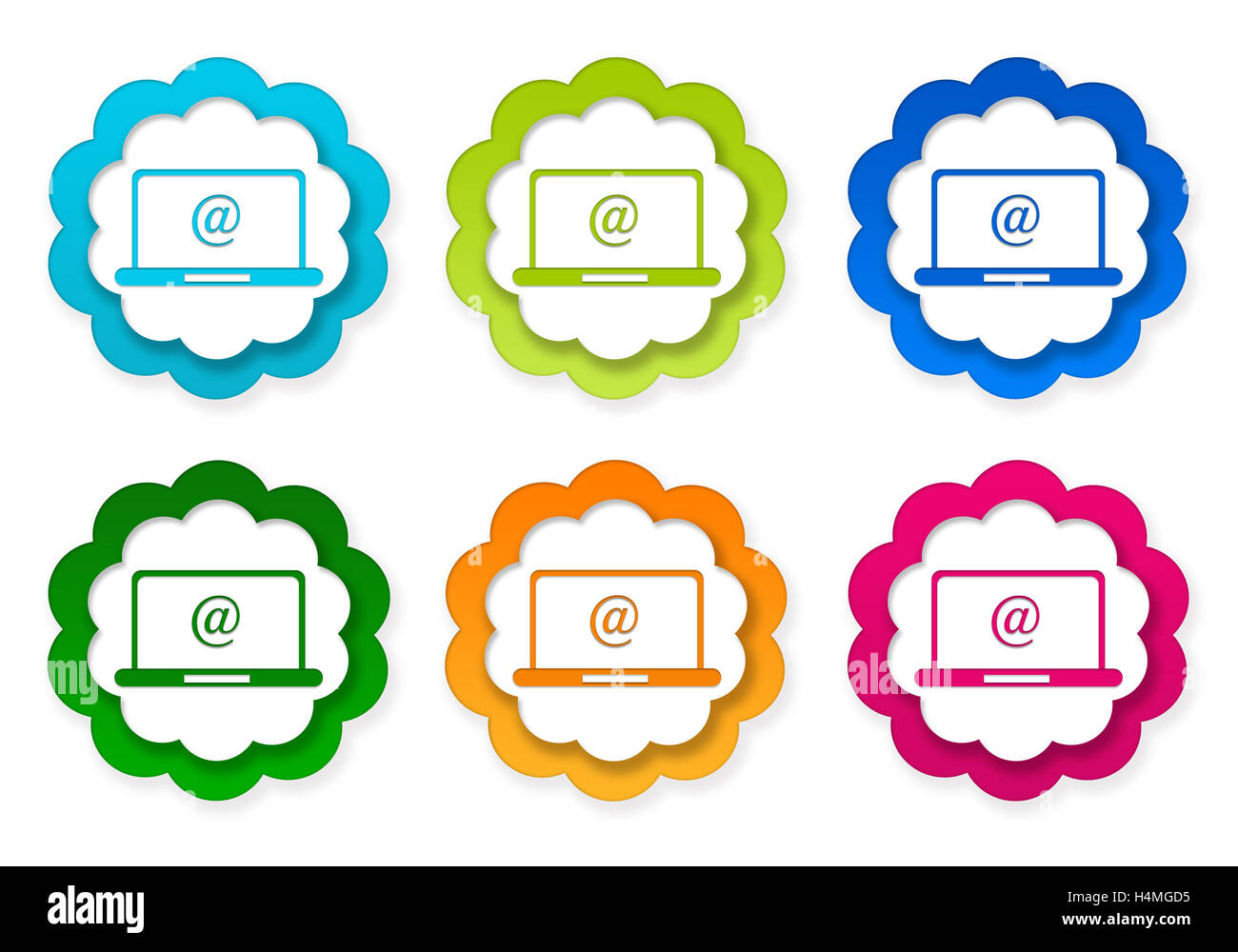 Set of colorful stickers icons with computer symbol in blue, green ...
