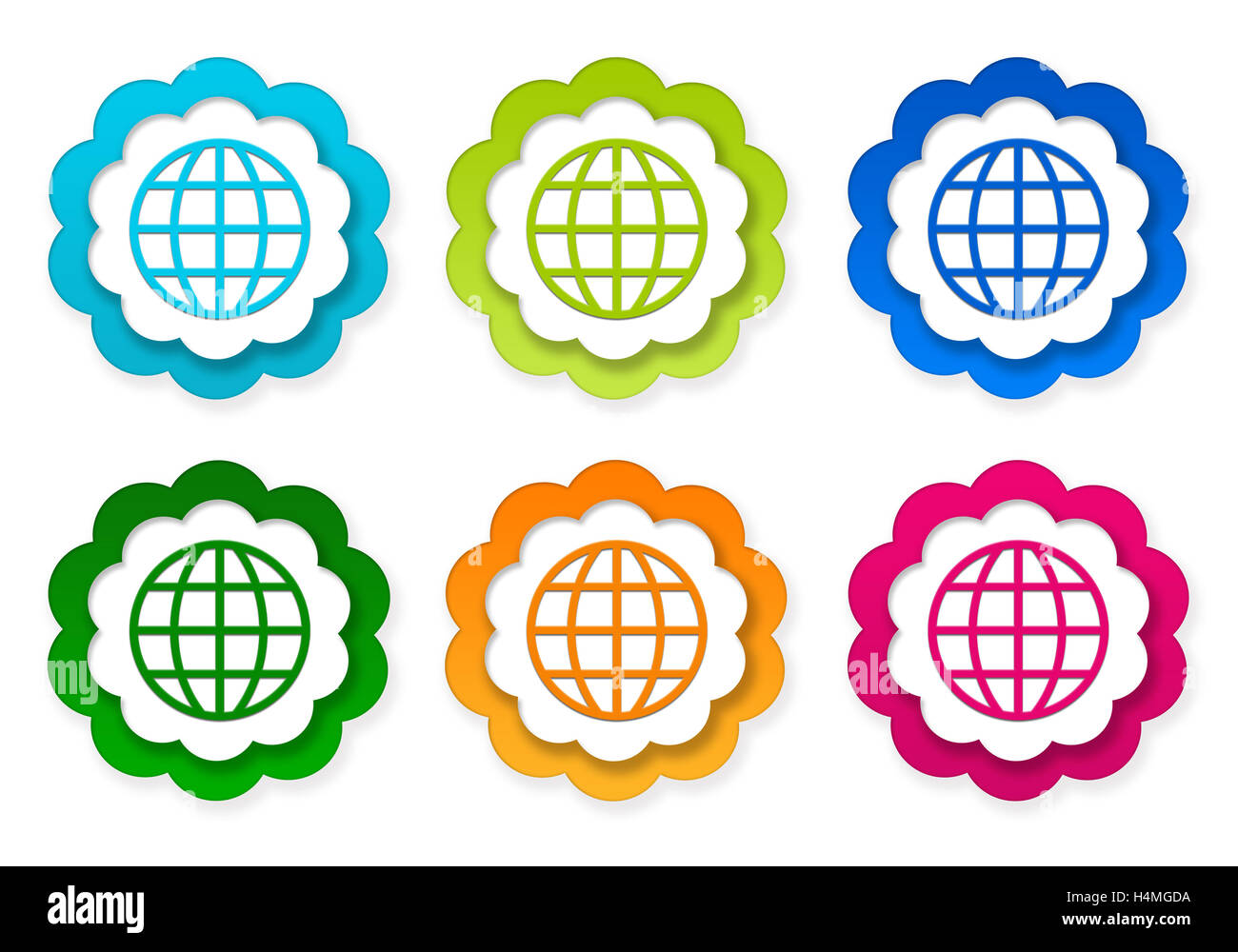 Set of colorful stickers icons with world symbol in blue, green, pink ...