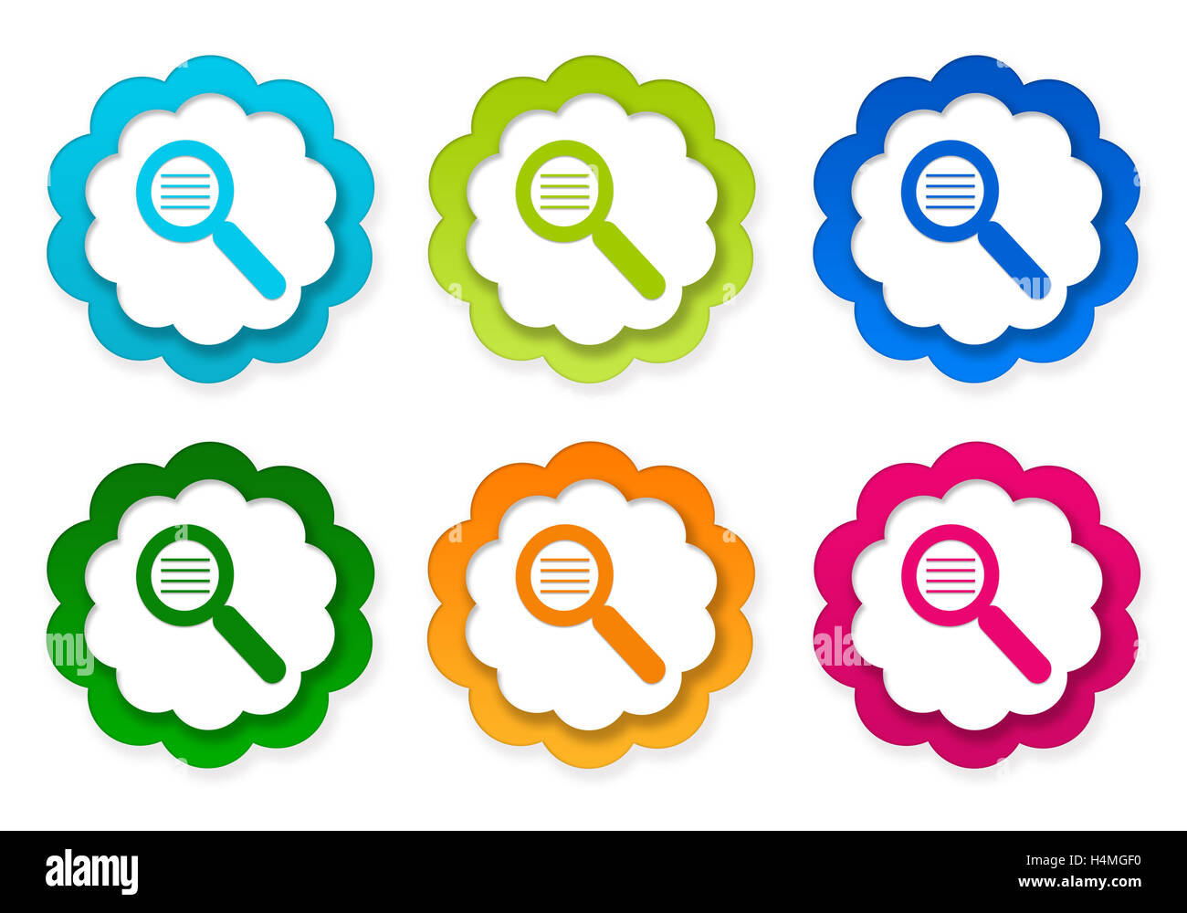 Set of colorful stickers icons with search symbol in blue, green, pink ...