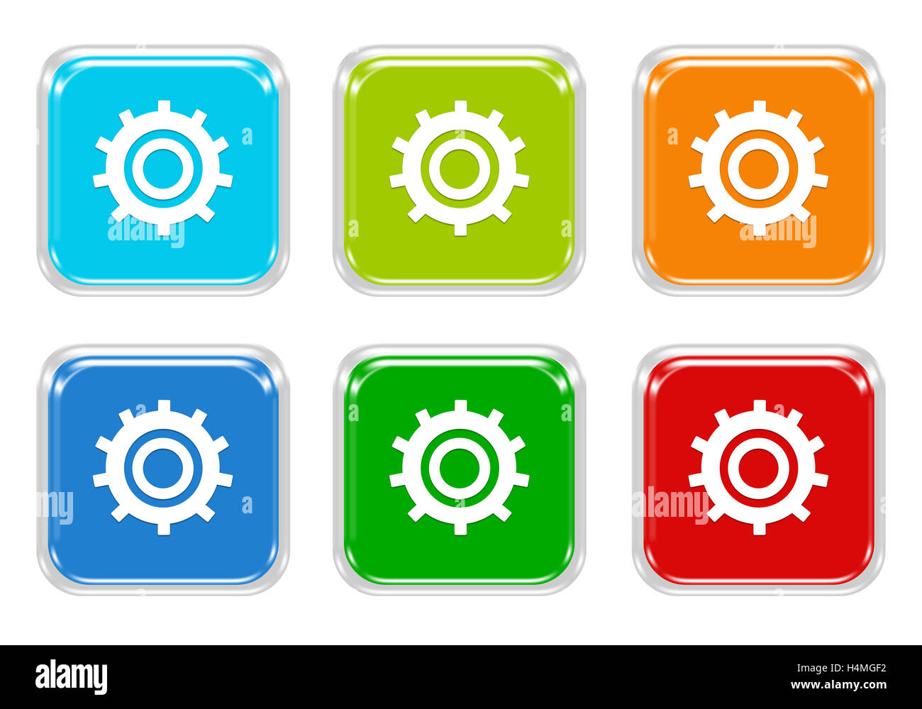 Set of squared colorful buttons with gears symbol in blue, green, red ...