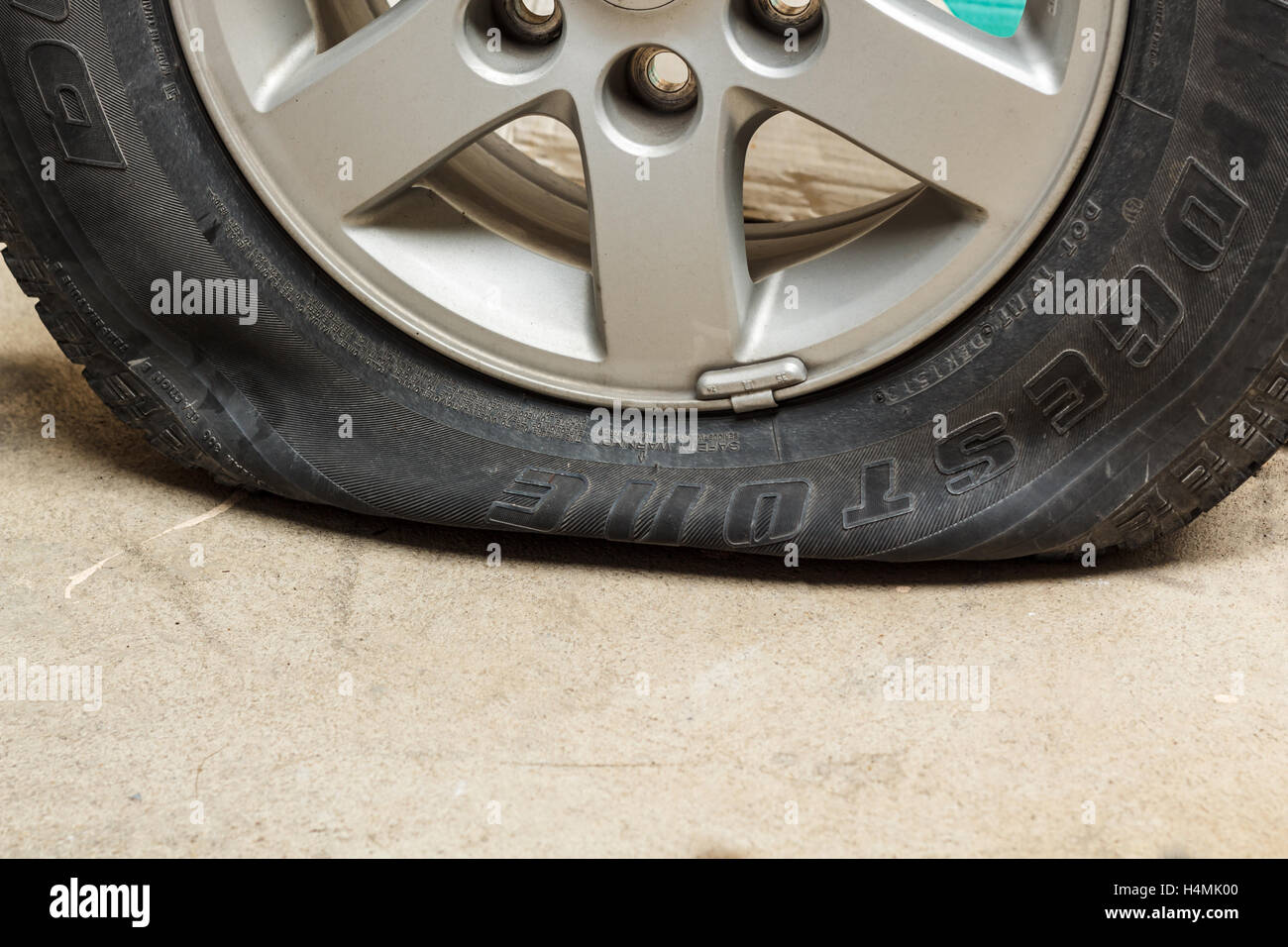 car wheel flat tire on the road Stock Photo - Alamy