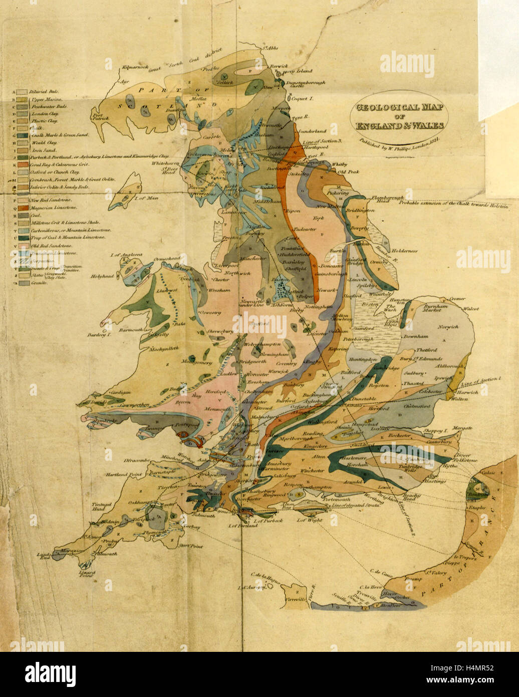 Outlines of the Geology of England and Wales, map, 19th century ...