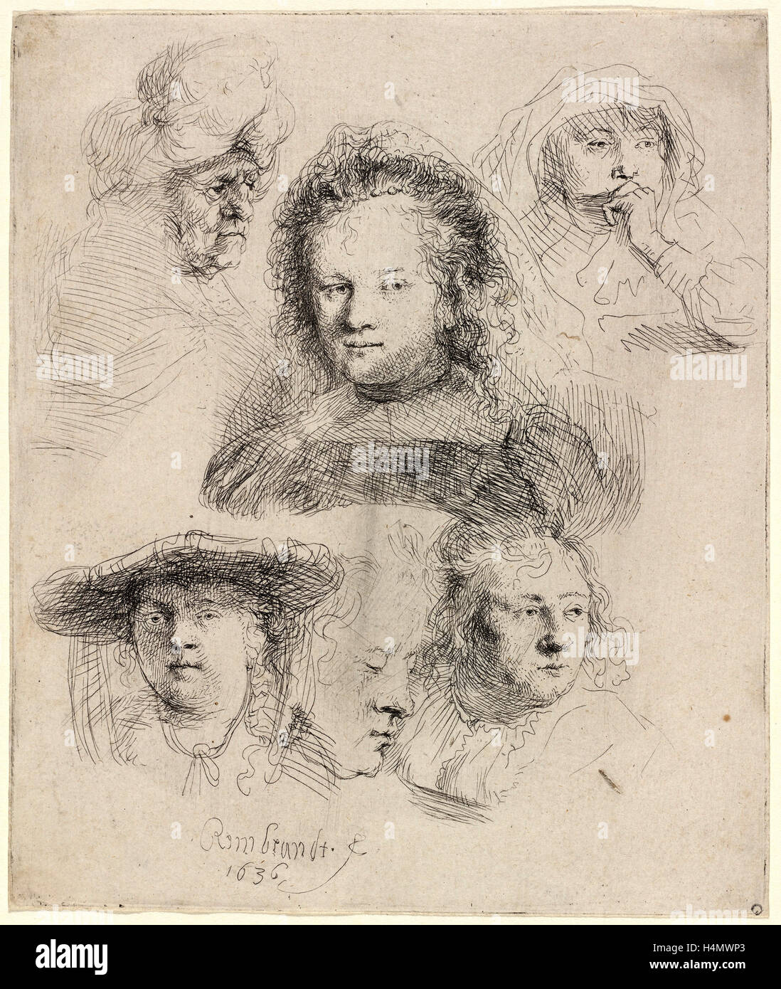 Rembrandt van Rijn, Studies of the Head of Saskia and Others, Dutch ...