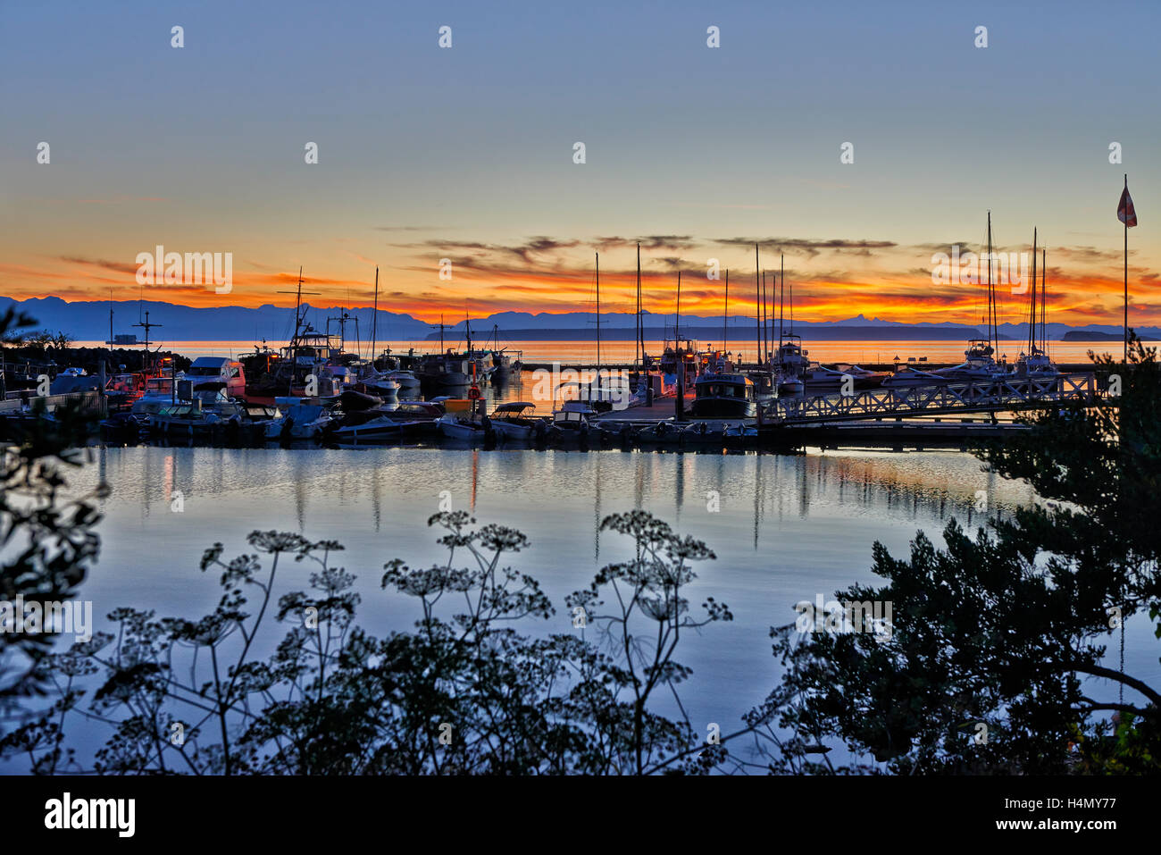 sunset at yacht harbor of Lund, Sunshine Coast, Vancouver Island behind ...
