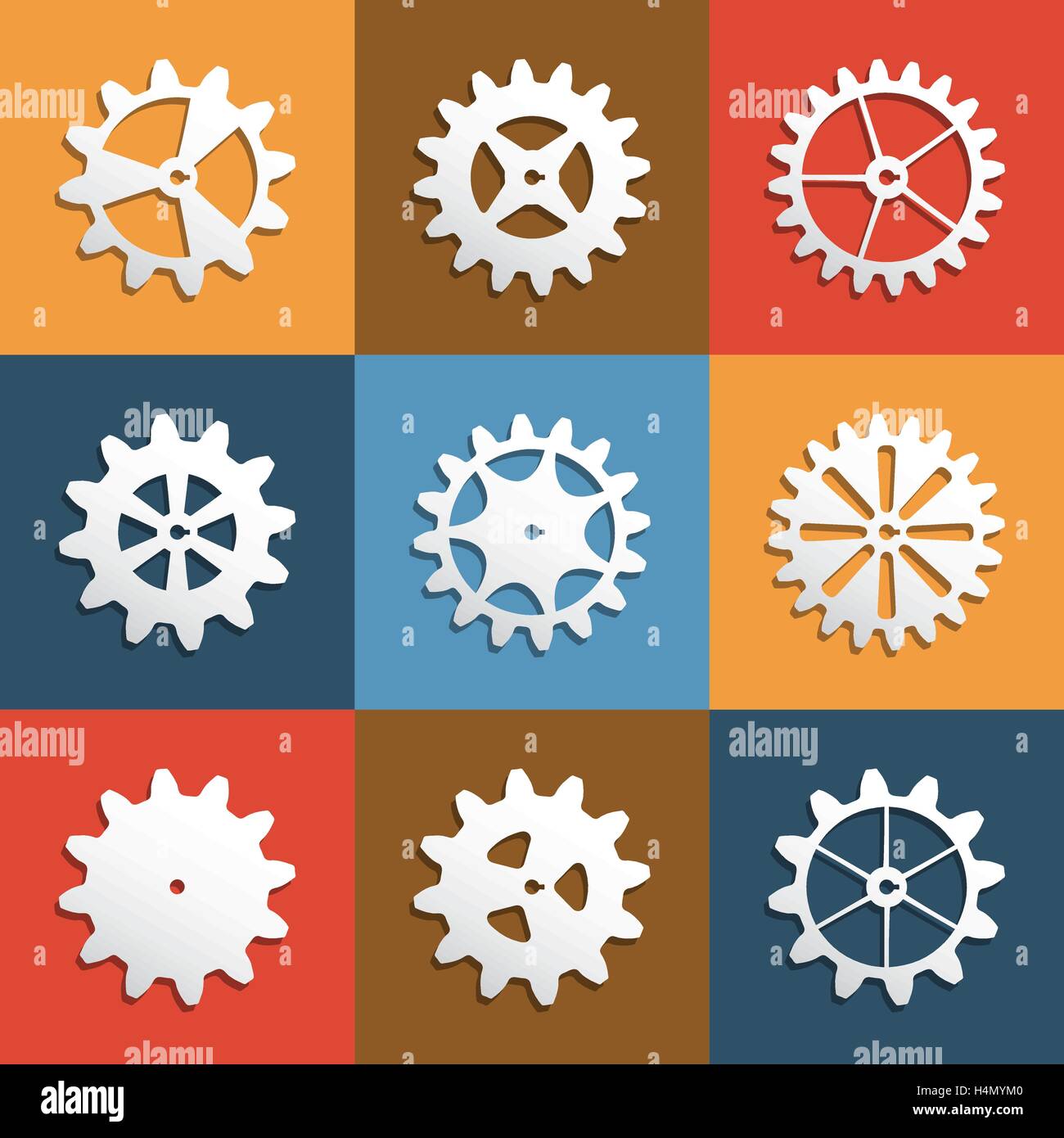Different white cogwheel set. Isolated on colorful background. Flat ...
