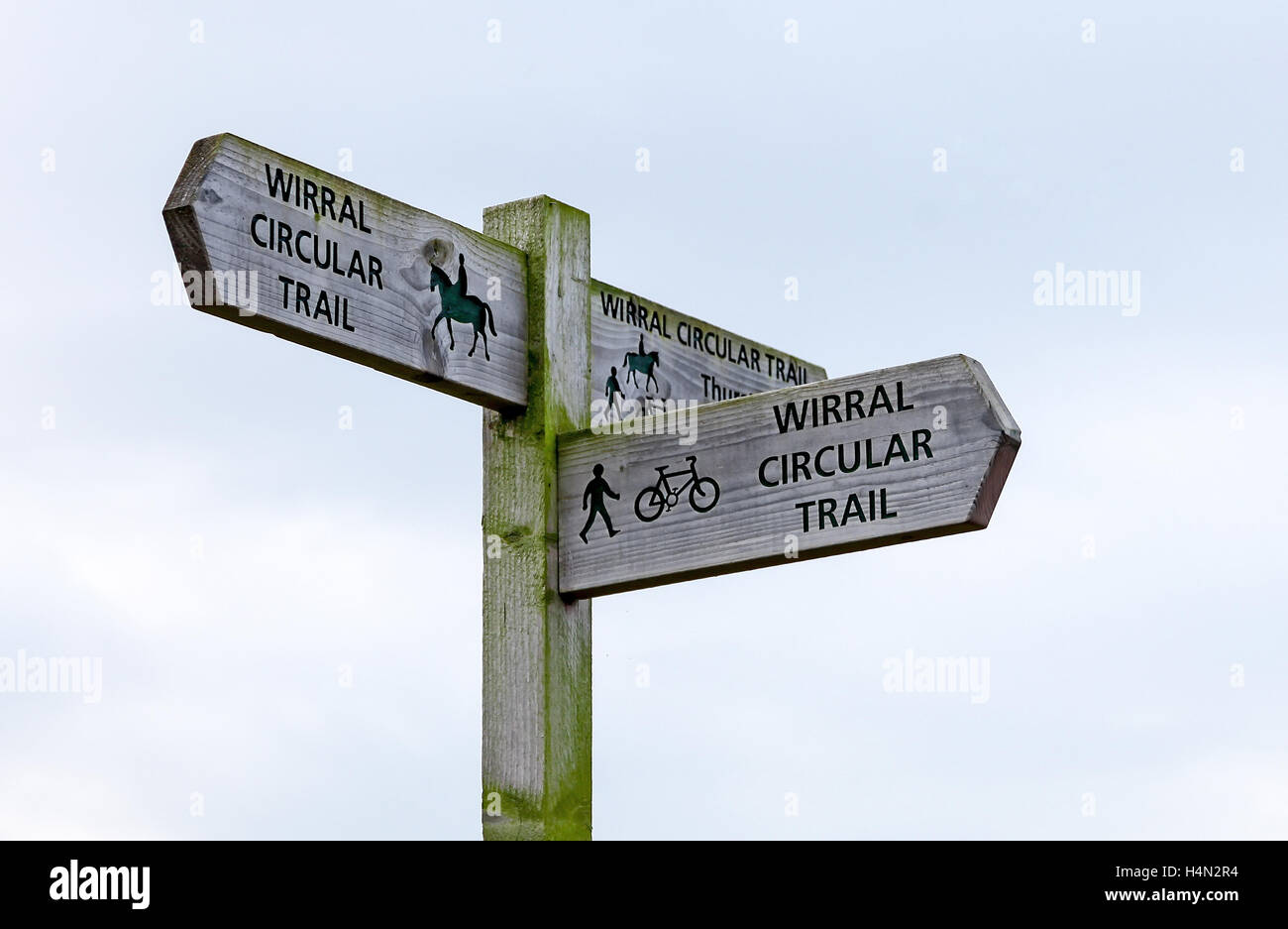 A wooden signpost on the Wirral Circular Trail Wirral Country Park ...