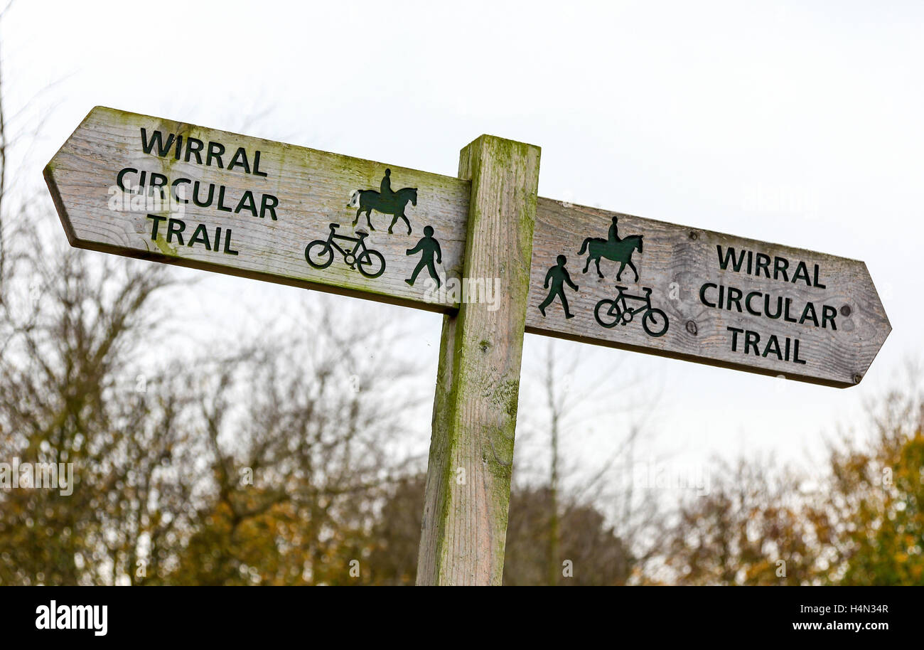 A wooden signpost on the Wirral Circular Trail Wirral Country Park ...