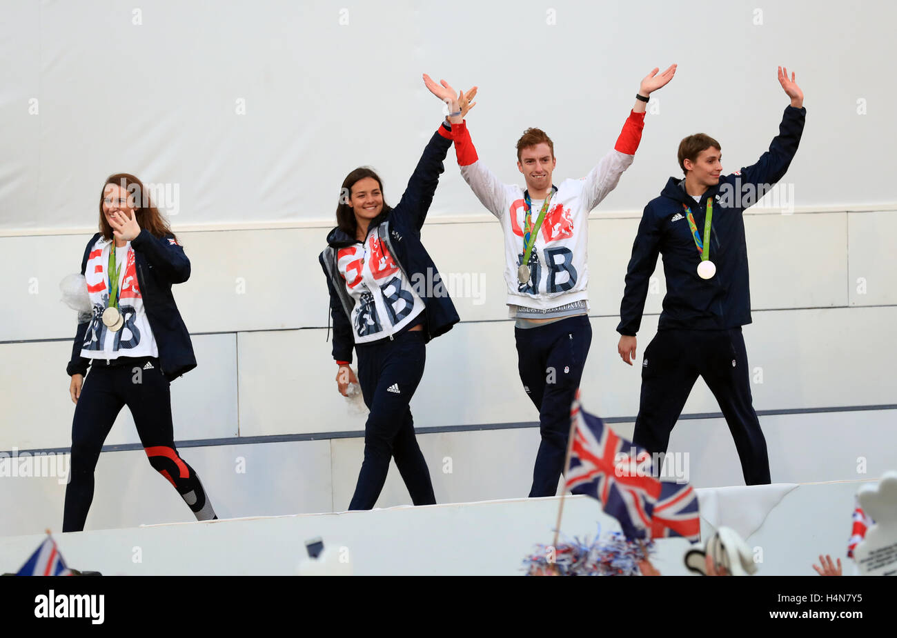 Members of the Team GB swimming squad on stage during the Olympic and ...