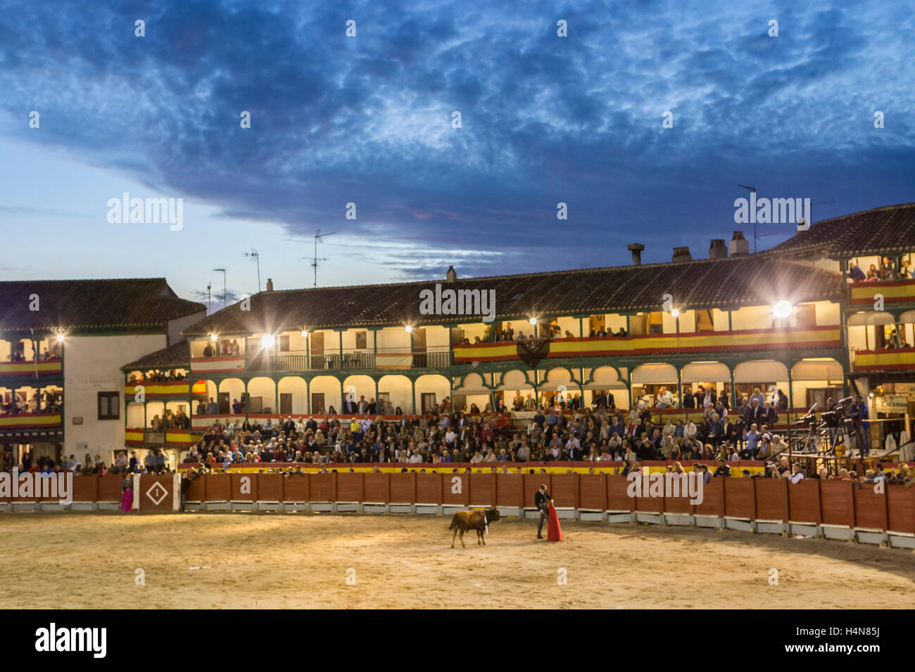 Plaza square Mayor of Chinchon adapted as a bullring, beautiful sunset ...