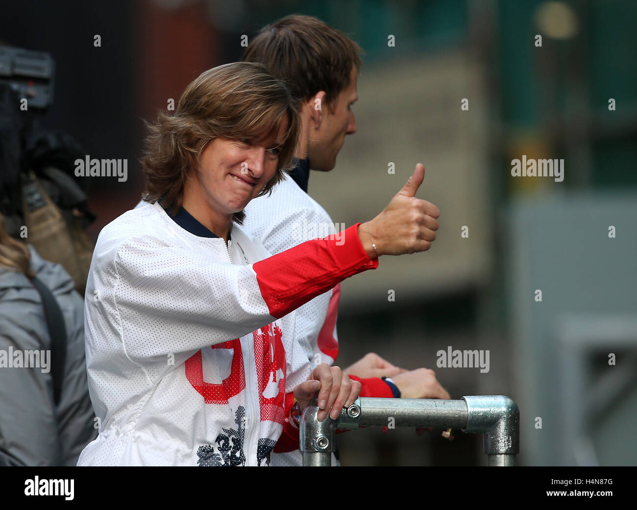 Katherine Grainger gives a thumbs up to the crowd during the Olympic ...