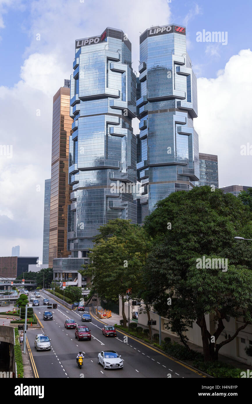 Lippo Centre twin-tower skyscrapers next to the Cotton Tree Drive road ...