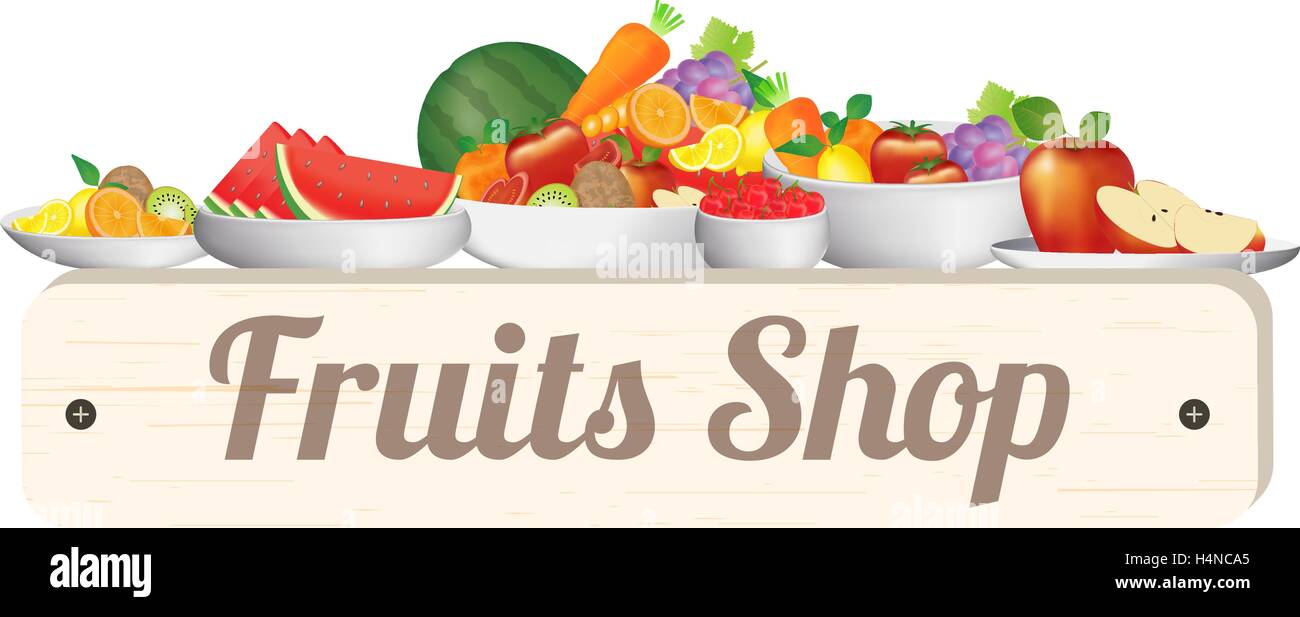 Fruits Shop wood board with many fruits in a bowl Stock Vector Image ...