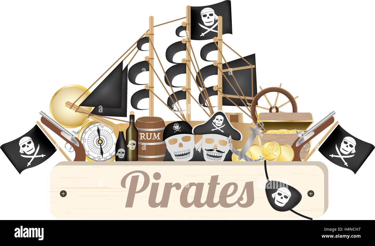 pirate wood board with pirate ship compass gold coin rum barrel ...