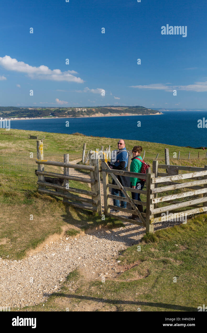 Walkers on the SW Coast Path at Beer Head on the Jurassic Coast of ...