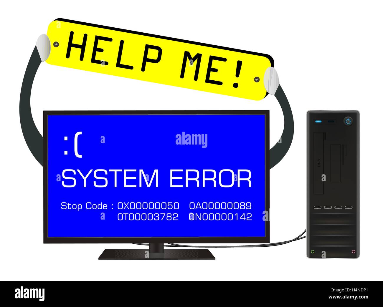 broken desktop computer error screen with help me banner Stock Vector ...