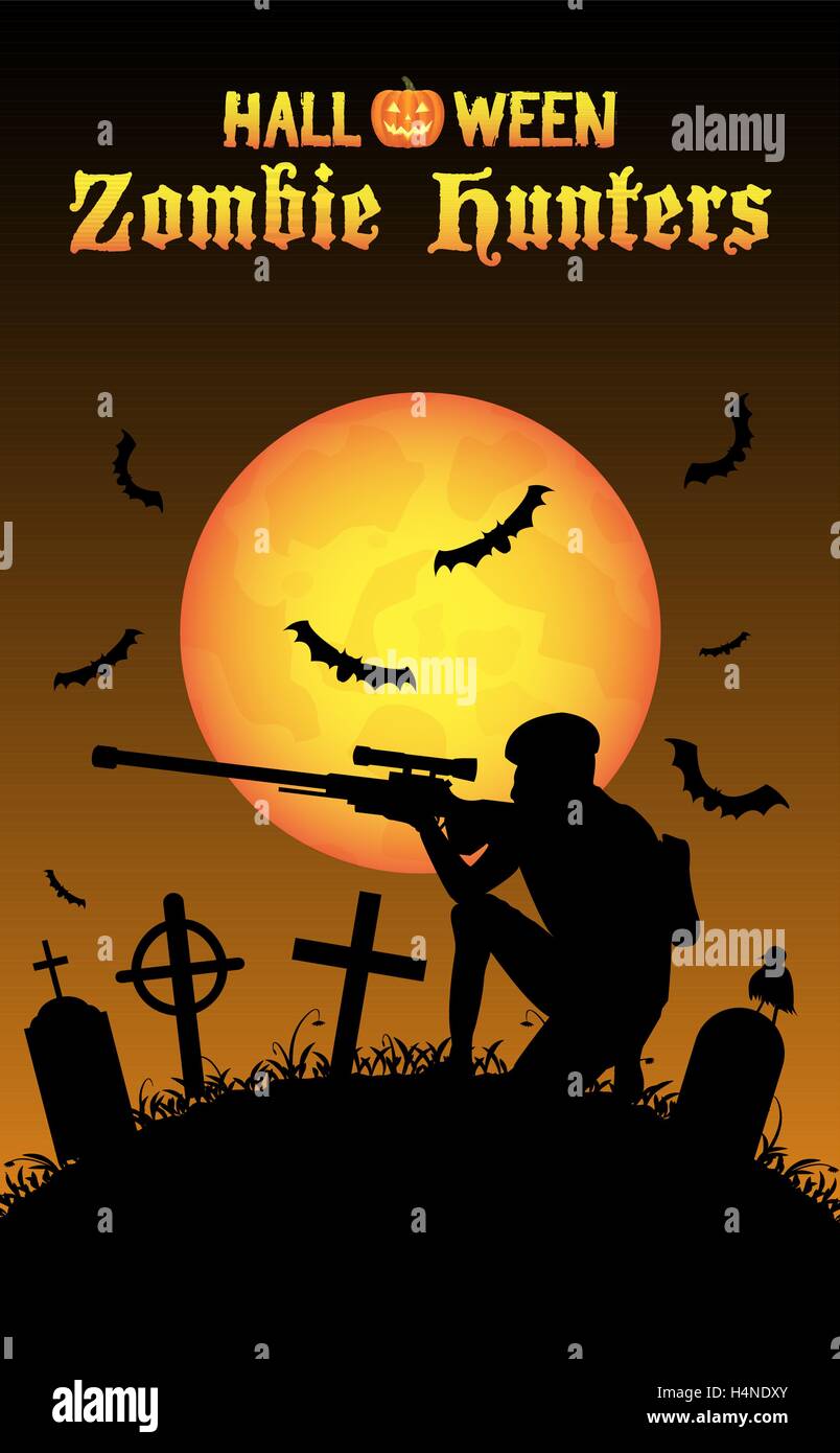 halloween zombie hunter with sniper at graveyard Stock Vector Image ...