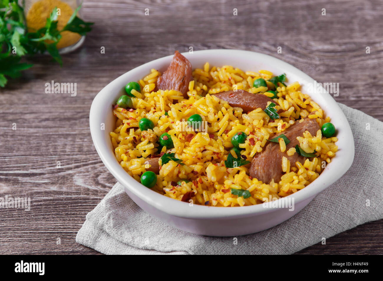 rice with meat curry green peas cooked Stock Photo - Alamy