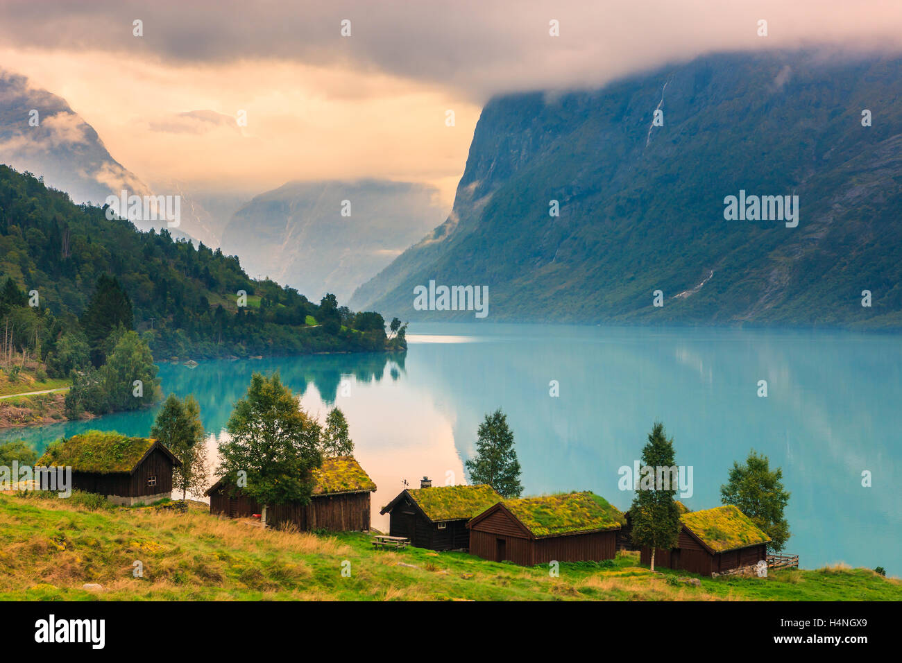 Old farmhouses at Lovatnet. A lake close to the village of Loen in Sogn ...