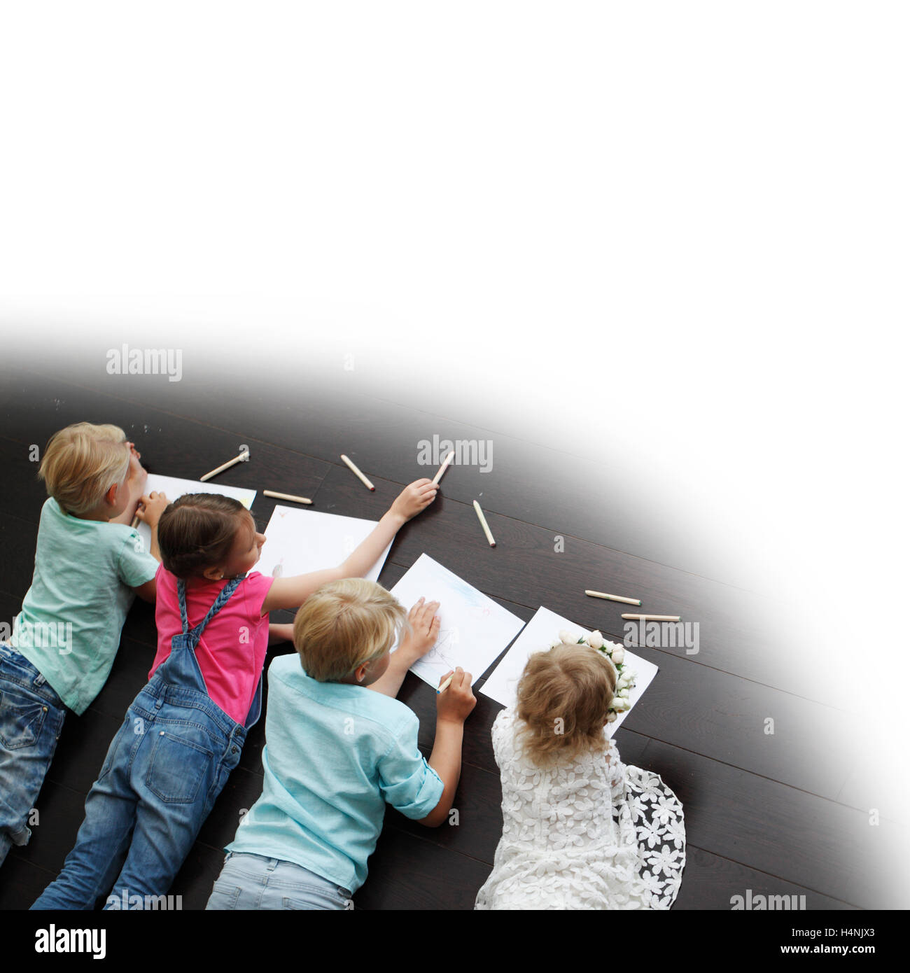 Group of cute children drawing with colorful pencils on floor Stock ...