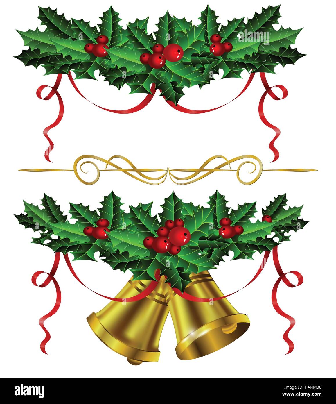 Set of golden Christmas bells with holly Stock Vector Image & Art - Alamy
