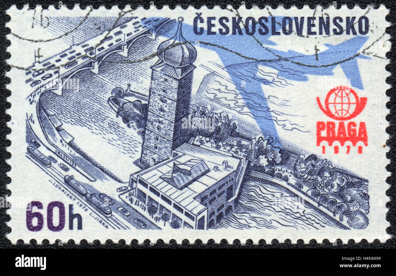A postage stamp printed in Czechoslovakia, shows Prague view from above ...