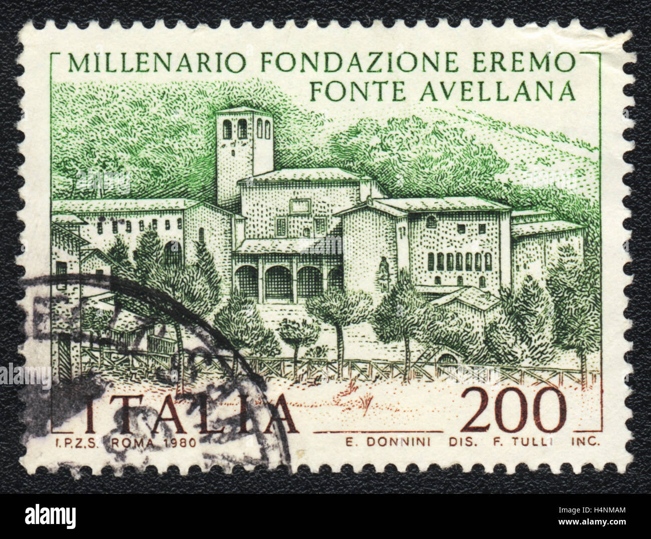 A postage stamp printed in Italy shows Millennial Foundation hermitage ...